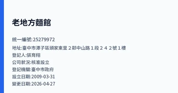 老地方麵館的照片-統編 25279972(臺中市) 公司登記資料與營業項目詳細圖表