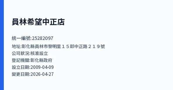 員林希望中正店的照片-統編 25282097(彰化縣) 公司登記資料與營業項目詳細圖表