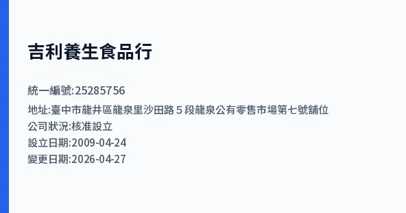 吉利養生食品行的照片-統編 25285756(臺中市) 公司登記資料與營業項目詳細圖表