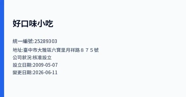 好口味小吃的照片-統編 25289303(臺中市) 公司登記資料與營業項目詳細圖表