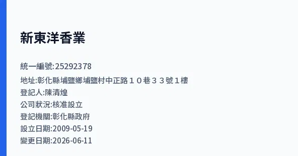 新東洋香業的照片-統編 25292378(彰化縣) 公司登記資料與營業項目詳細圖表