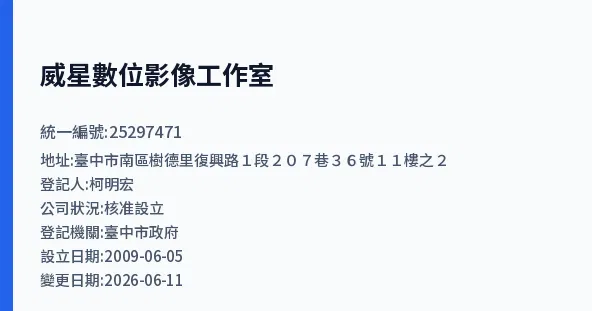 威星數位影像工作室的照片-統編 25297471(臺中市) 公司登記資料與營業項目詳細圖表