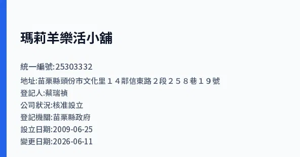 瑪莉羊樂活小舖的照片-統編 25303332(苗栗縣) 公司登記資料與營業項目詳細圖表