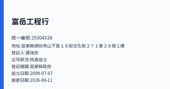 富岳工程行的照片-統編 25304326(苗栗縣) 公司登記資料與營業項目詳細圖表