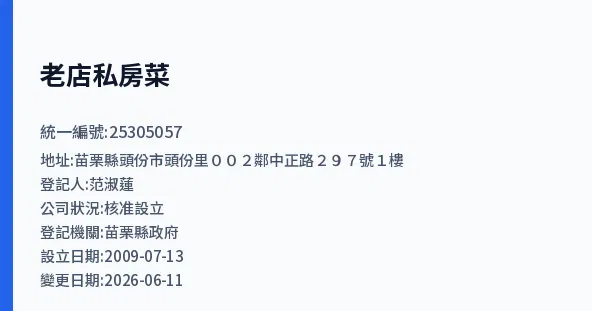 老店私房菜的照片-統編 25305057(苗栗縣) 公司登記資料與營業項目詳細圖表