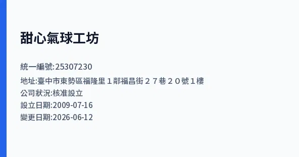 甜心氣球工坊的照片-統編 25307230(臺中市) 公司登記資料與營業項目詳細圖表