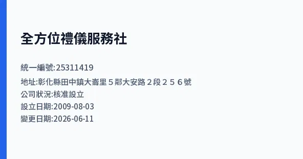 全方位禮儀服務社的照片-統編 25311419(彰化縣) 公司登記資料與營業項目詳細圖表