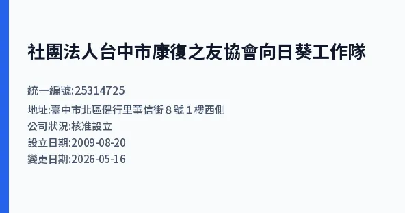 社團法人台中市康復之友協會向日葵工作隊的照片-統編 25314725(臺中市) 公司登記資料與營業項目詳細圖表