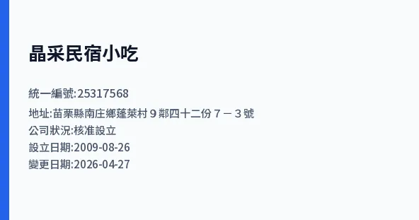 晶采民宿小吃的照片-統編 25317568(苗栗縣) 公司登記資料與營業項目詳細圖表