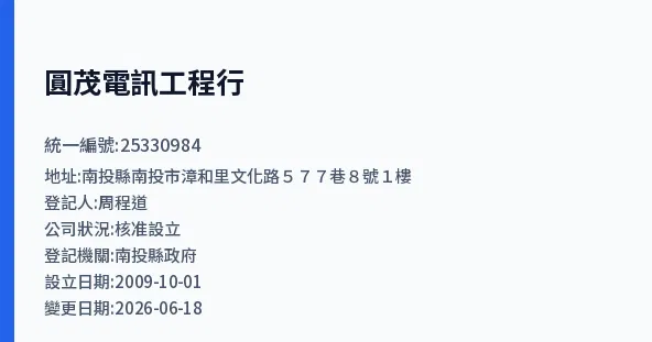 圓茂電訊工程行的照片-統編 25330984(南投縣) 公司登記資料與營業項目詳細圖表
