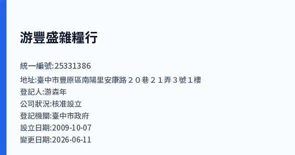 游豐盛雜糧行的照片-統編 25331386(臺中市) 公司登記資料與營業項目詳細圖表