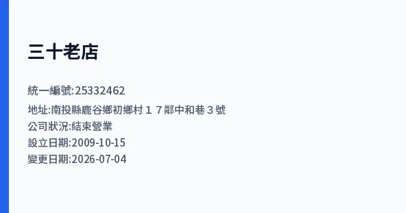 三十老店的照片-統編 25332462(南投縣) 公司登記資料與營業項目詳細圖表