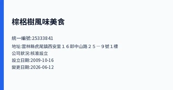 棕梠樹風味美食的照片-統編 25333841(雲林縣) 公司登記資料與營業項目詳細圖表