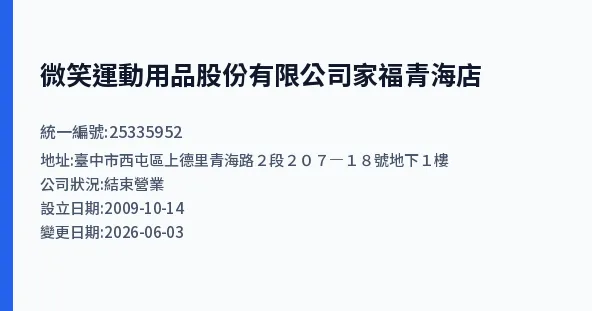 微笑運動用品股份有限公司家福青海店的照片-統編 25335952(臺中市) 公司登記資料與營業項目詳細圖表