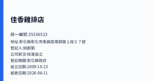佳香雞排店的照片-統編 25336523(彰化縣) 公司登記資料與營業項目詳細圖表