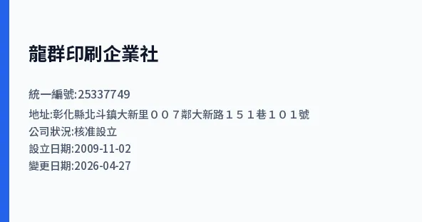 龍群印刷企業社的照片-統編 25337749(彰化縣) 公司登記資料與營業項目詳細圖表