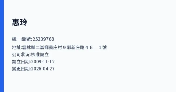 惠玲的照片-統編 25339768(雲林縣) 公司登記資料與營業項目詳細圖表