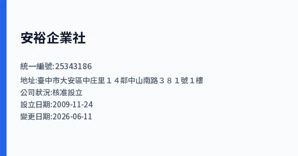 安裕企業社的照片-統編 25343186(臺中市) 公司登記資料與營業項目詳細圖表