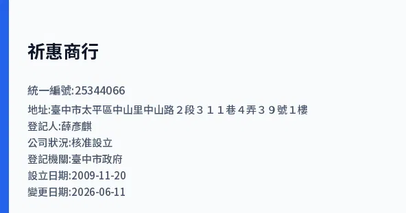 祈惠商行的照片-統編 25344066(臺中市) 公司登記資料與營業項目詳細圖表