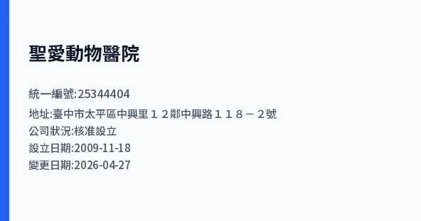 聖愛動物醫院的照片-統編 25344404(臺中市) 公司登記資料與營業項目詳細圖表