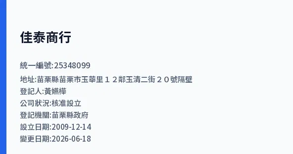 佳泰商行的照片-統編 25348099(苗栗縣) 公司登記資料與營業項目詳細圖表