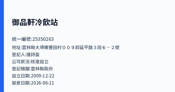 御品軒冷飲站的照片-統編 25350263(雲林縣) 公司登記資料與營業項目詳細圖表