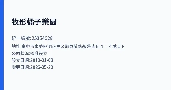 牧彤橘子樂園的照片-統編 25354628(臺中市) 公司登記資料與營業項目詳細圖表