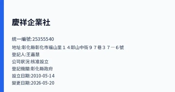 慶祥企業社的照片-統編 25355540(彰化縣) 公司登記資料與營業項目詳細圖表