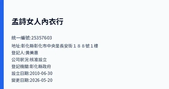 孟詩女人內衣行的照片-統編 25357603(彰化縣) 公司登記資料與營業項目詳細圖表