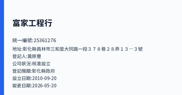 富家工程行的照片-統編 25361276(彰化縣) 公司登記資料與營業項目詳細圖表