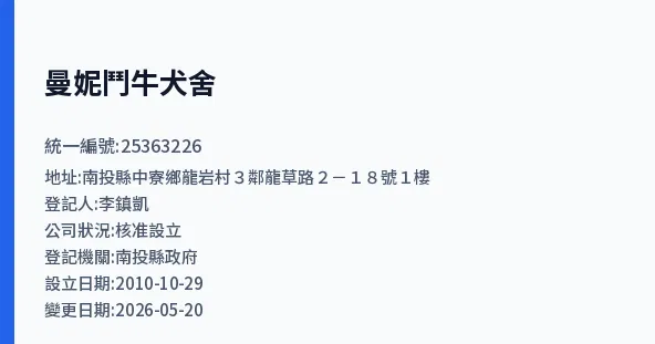 曼妮鬥牛犬舍的照片-統編 25363226(南投縣) 公司登記資料與營業項目詳細圖表