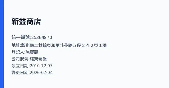 新益商店的照片-統編 25364870(彰化縣) 公司登記資料與營業項目詳細圖表