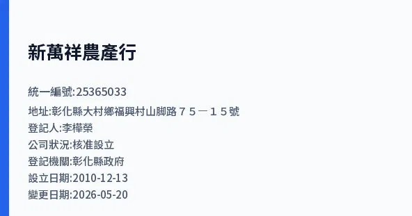 新萬祥農產行的照片-統編 25365033(彰化縣) 公司登記資料與營業項目詳細圖表