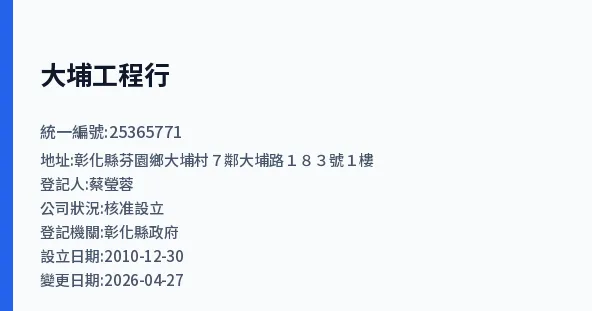 大埔工程行的照片-統編 25365771(彰化縣) 公司登記資料與營業項目詳細圖表