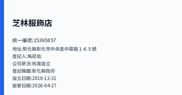 芝林服飾店的照片-統編 25365857(彰化縣) 公司登記資料與營業項目詳細圖表