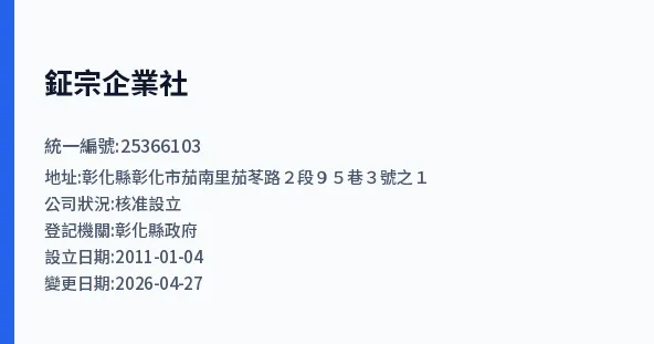 鉦宗企業社的照片-統編 25366103(彰化縣) 公司登記資料與營業項目詳細圖表