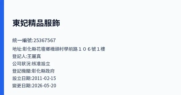 東妃精品服飾的照片-統編 25367567(彰化縣) 公司登記資料與營業項目詳細圖表