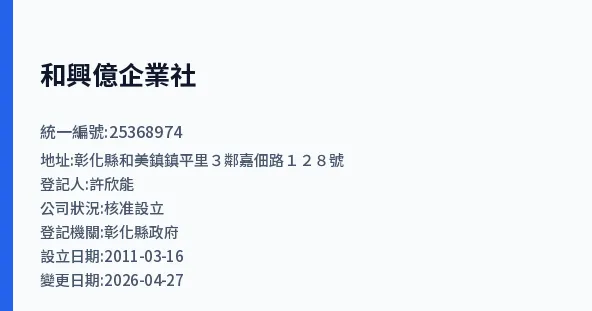 和興億企業社的照片-統編 25368974(彰化縣) 公司登記資料與營業項目詳細圖表