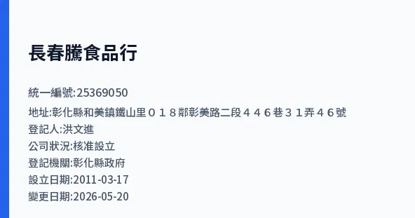 長春騰食品行的照片-統編 25369050(彰化縣) 公司登記資料與營業項目詳細圖表
