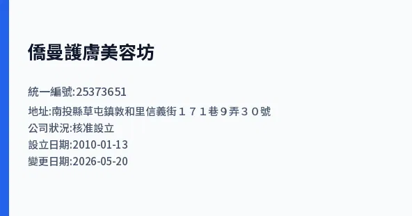 僑曼護膚美容坊的照片-統編 25373651(南投縣) 公司登記資料與營業項目詳細圖表