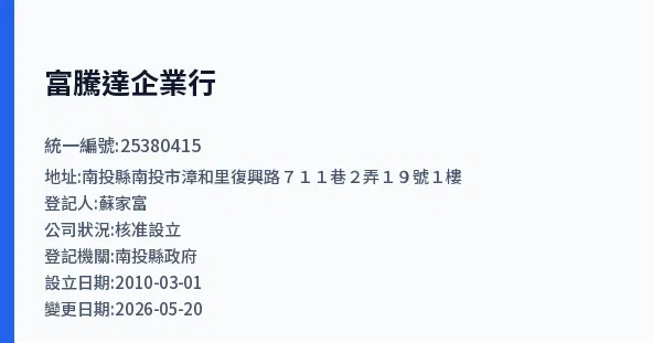 富騰達企業行的照片-統編 25380415(南投縣) 公司登記資料與營業項目詳細圖表