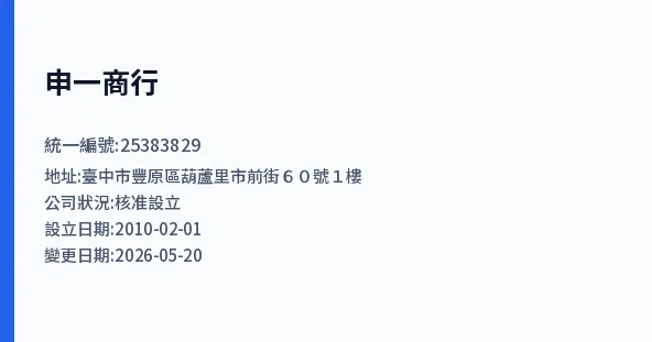 申一商行的照片-統編 25383829(臺中市) 公司登記資料與營業項目詳細圖表
