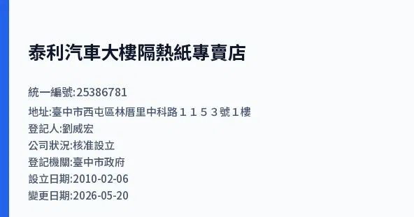 泰利汽車大樓隔熱紙專賣店的照片-統編 25386781(臺中市) 公司登記資料與營業項目詳細圖表