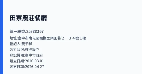 田寮農莊餐廳的照片-統編 25388367(臺中市) 公司登記資料與營業項目詳細圖表