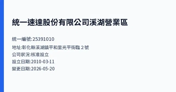 統一速達股份有限公司溪湖營業區的照片-統編 25391010(彰化縣) 公司登記資料與營業項目詳細圖表