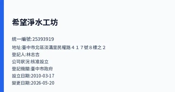 希望淨水工坊的照片-統編 25393919(臺中市) 公司登記資料與營業項目詳細圖表