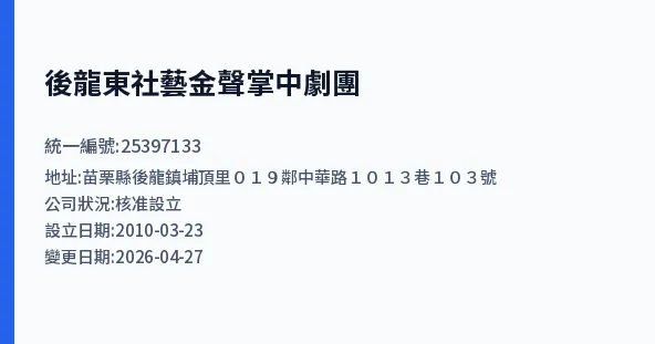 後龍東社藝金聲掌中劇團的照片-統編 25397133(苗栗縣) 公司登記資料與營業項目詳細圖表