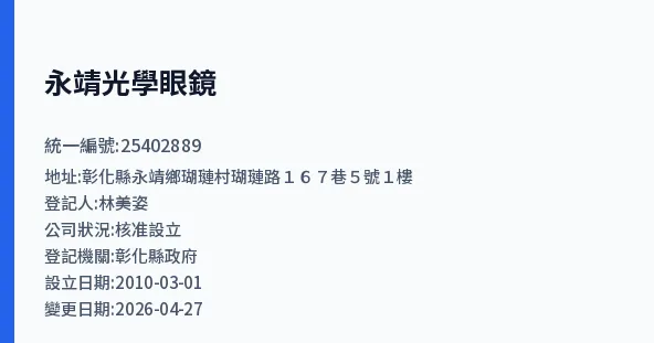 永靖光學眼鏡的照片-統編 25402889(彰化縣) 公司登記資料與營業項目詳細圖表