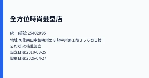全方位時尚髮型店的照片-統編 25402895(彰化縣) 公司登記資料與營業項目詳細圖表