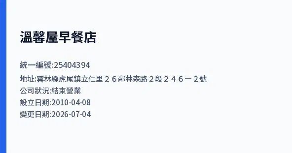 溫馨屋早餐店的照片-統編 25404394(雲林縣) 公司登記資料與營業項目詳細圖表